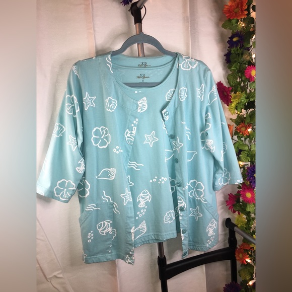 Palm Grove | Tops | Palm Grove Womens Sky Blue Wfish Sea Shell Pattern ...